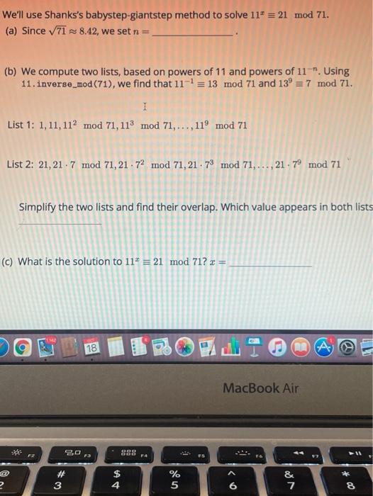 Solved We'll use Shanks's babystep-giantstep method to solve | Chegg.com