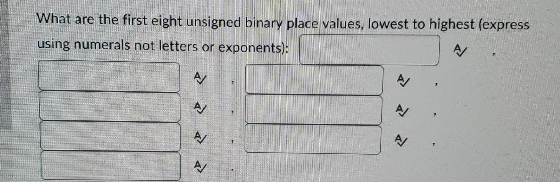 Solved What are the first eight unsigned binary place | Chegg.com