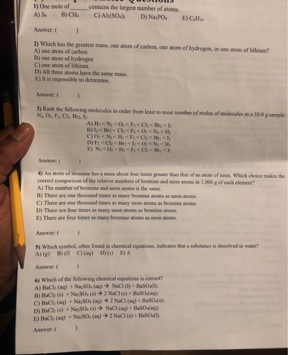 Solved YUUULIUM 1) One mole of A) Ss B) CH. _contains the | Chegg.com
