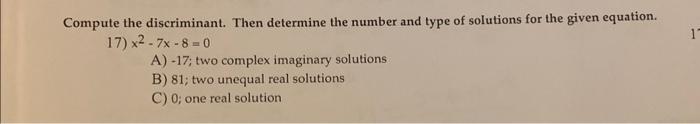 Solved Compute the discriminant. Then determine the number | Chegg.com