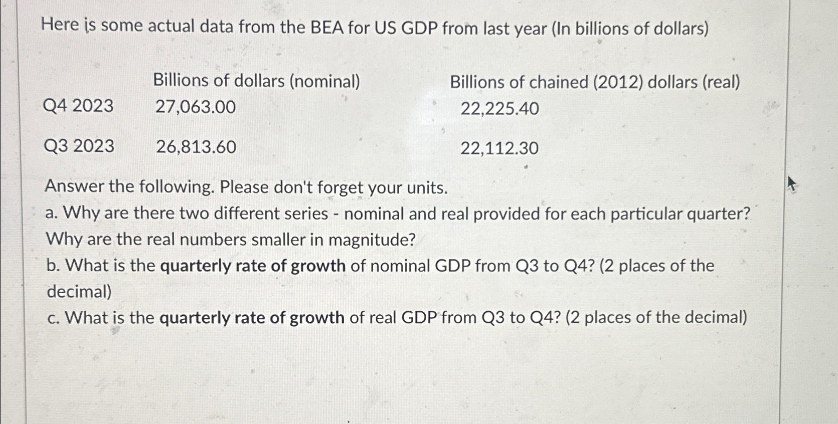 Solved Here is some actual data from the BEA for US GDP from | Chegg.com