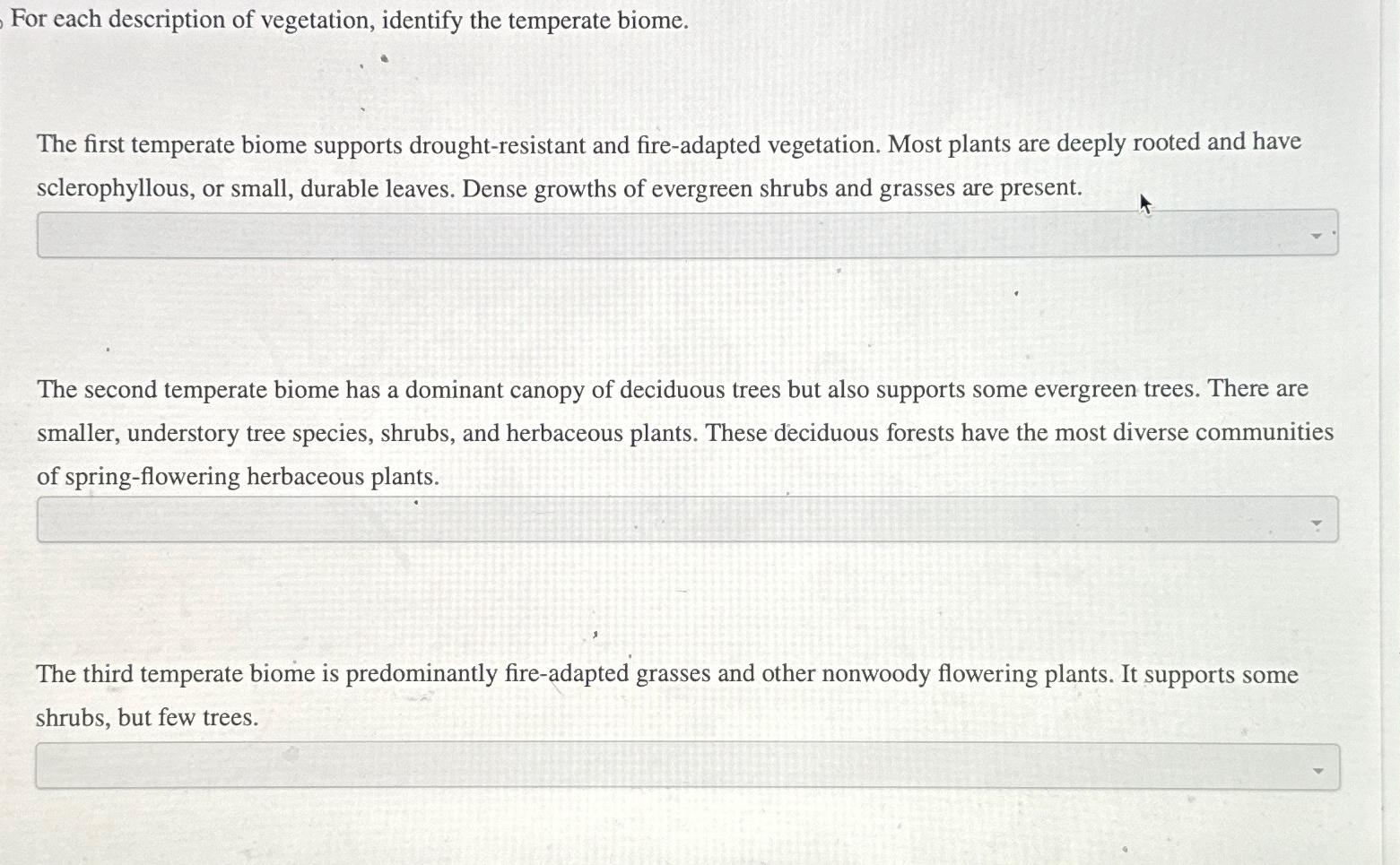 Solved For each description of vegetation, identify the | Chegg.com