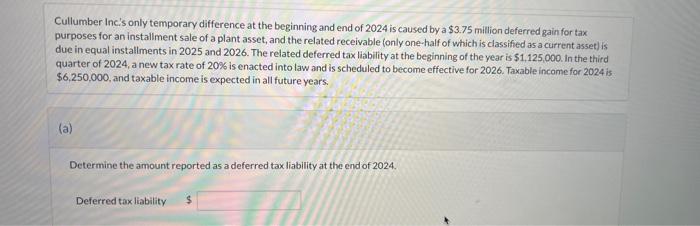 Solved Cullumber Inc's only temporary difference at the | Chegg.com