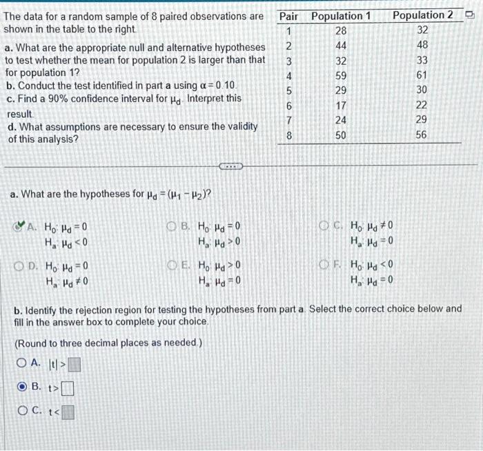 Solved The data for a random sample of 8 paired observations | Chegg.com
