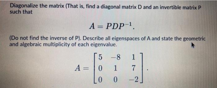 Solved Diagonalize the matrix (That is, find a diagonal | Chegg.com