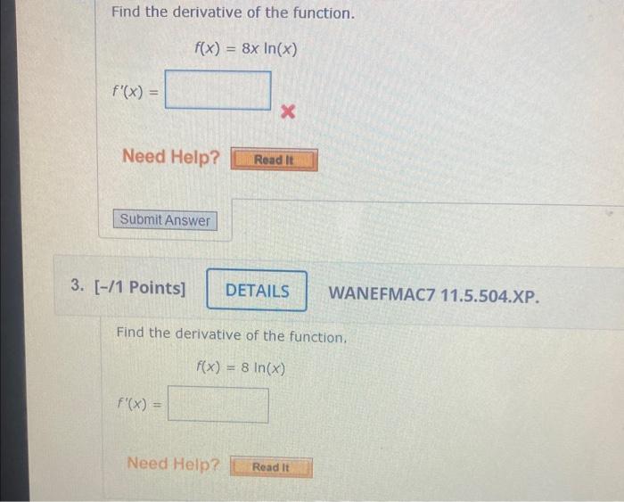 Solved Find the derivative of the function. f(x)=8xln(x) | Chegg.com