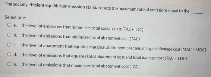 Solved The Socially Efficient Equilibrium Emission Standard