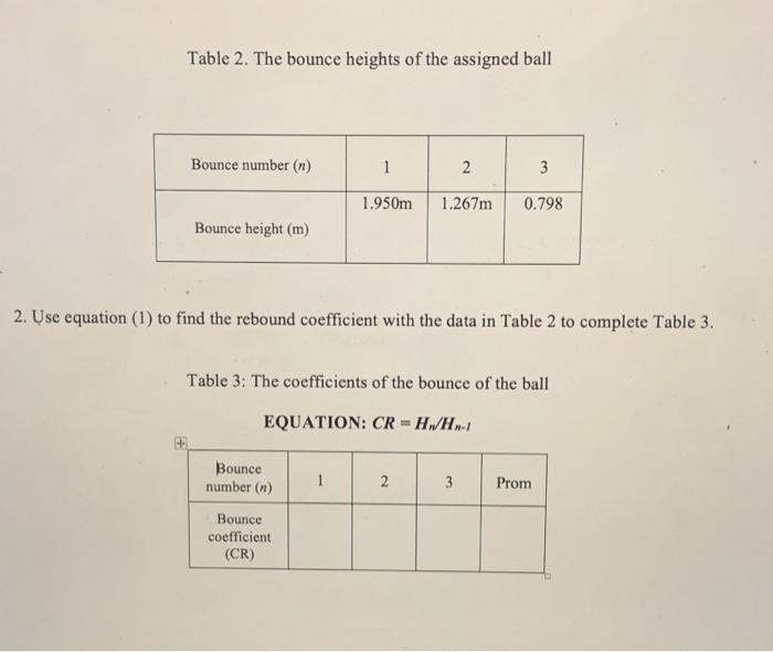 Solved Table 2. The bounce heights of the assigned ball | Chegg.com