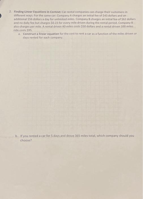 Solved 2. Finding Linear Equations in Context: Car rental | Chegg.com