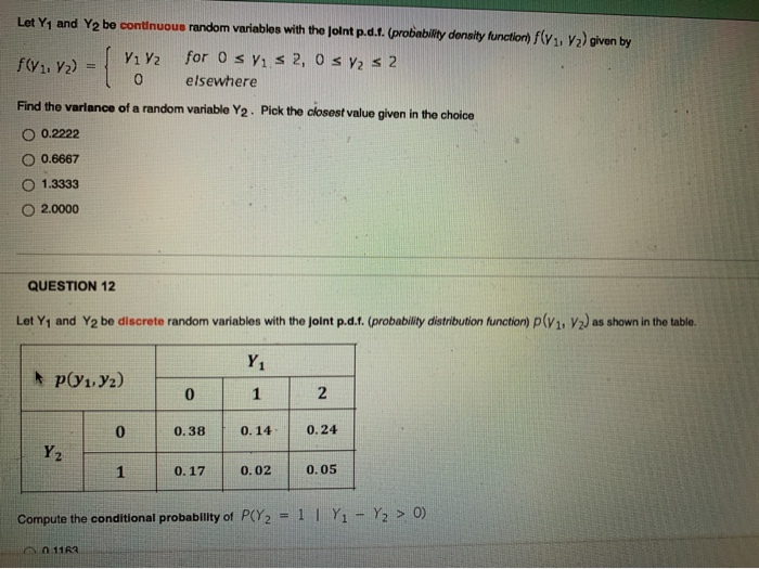 Solved fyr 12) = { Let Y4 and Yą be continuous random | Chegg.com
