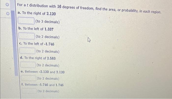 Solved For a t distribution with 16 degrees of freedom, find | Chegg.com