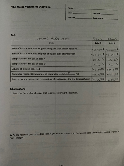 The Molar Volume of Dioxygen Name Date Section Locker | Chegg.com