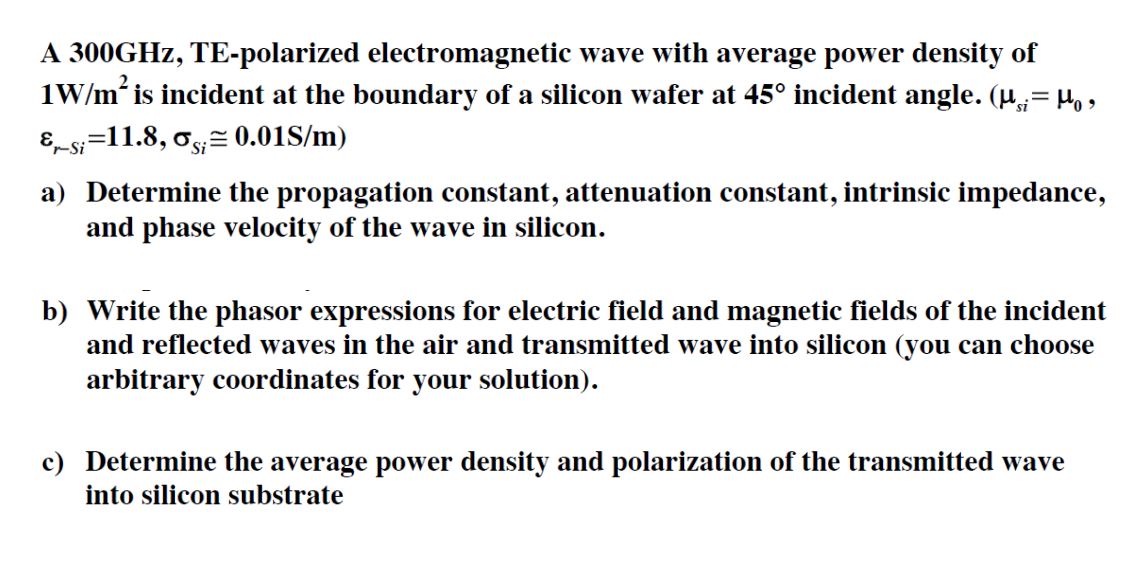 Solved A 300GHz, ﻿TE-polarized electromagnetic wave with | Chegg.com
