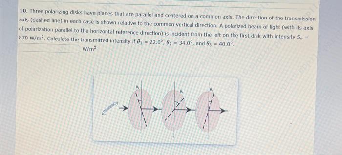 Solved 10. Three polarizing disks have planes that are | Chegg.com
