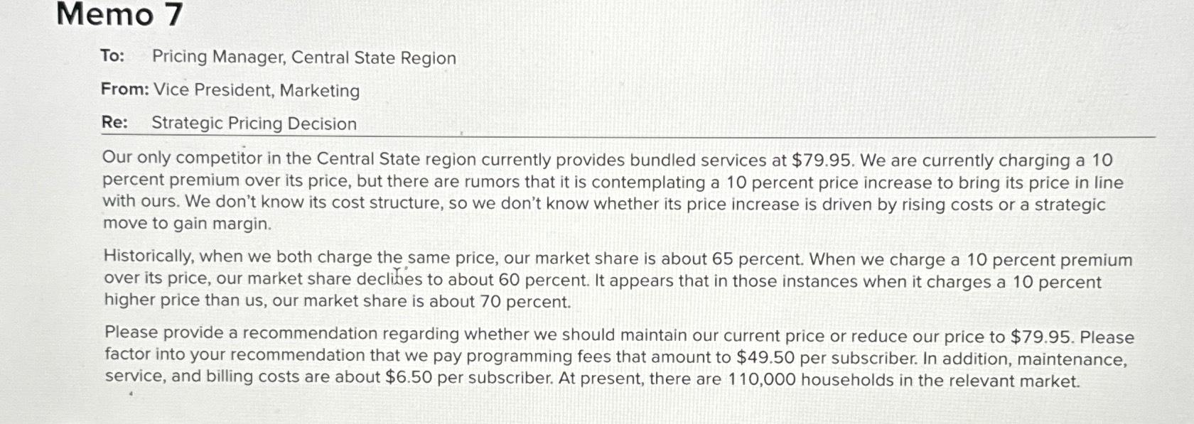 Solved Memo 7To: Pricing Manager, Central State RegionFrom: | Chegg.com
