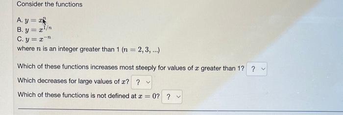 Solved Consider the functions A. y=x2 B. y=x1/n C. y=x−n | Chegg.com