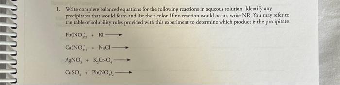 Solved 1. Write complete balanced equations for the | Chegg.com