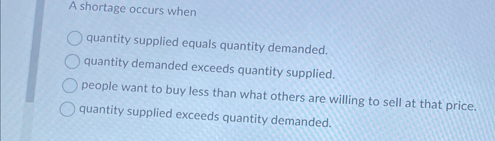Solved A shortage occurs whenquantity supplied equals | Chegg.com