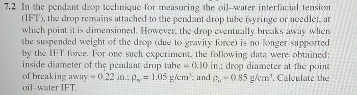 Solved 7.2 In the pendant drop technique for measuring the | Chegg.com