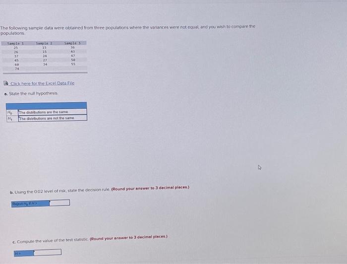 Solved The following sample data were obtained from three | Chegg.com
