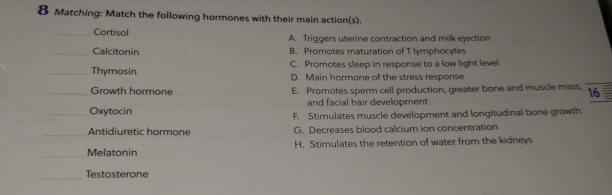 Solved 8 ﻿Matching: Match the following hormones with their | Chegg.com