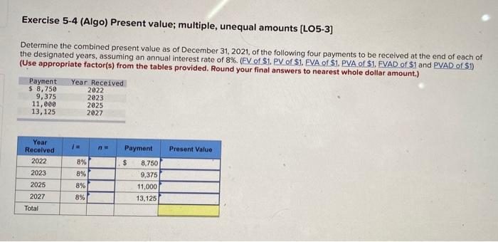 Solved Exercise 5-4 (Algo) Present value; multiple, unequal | Chegg.com