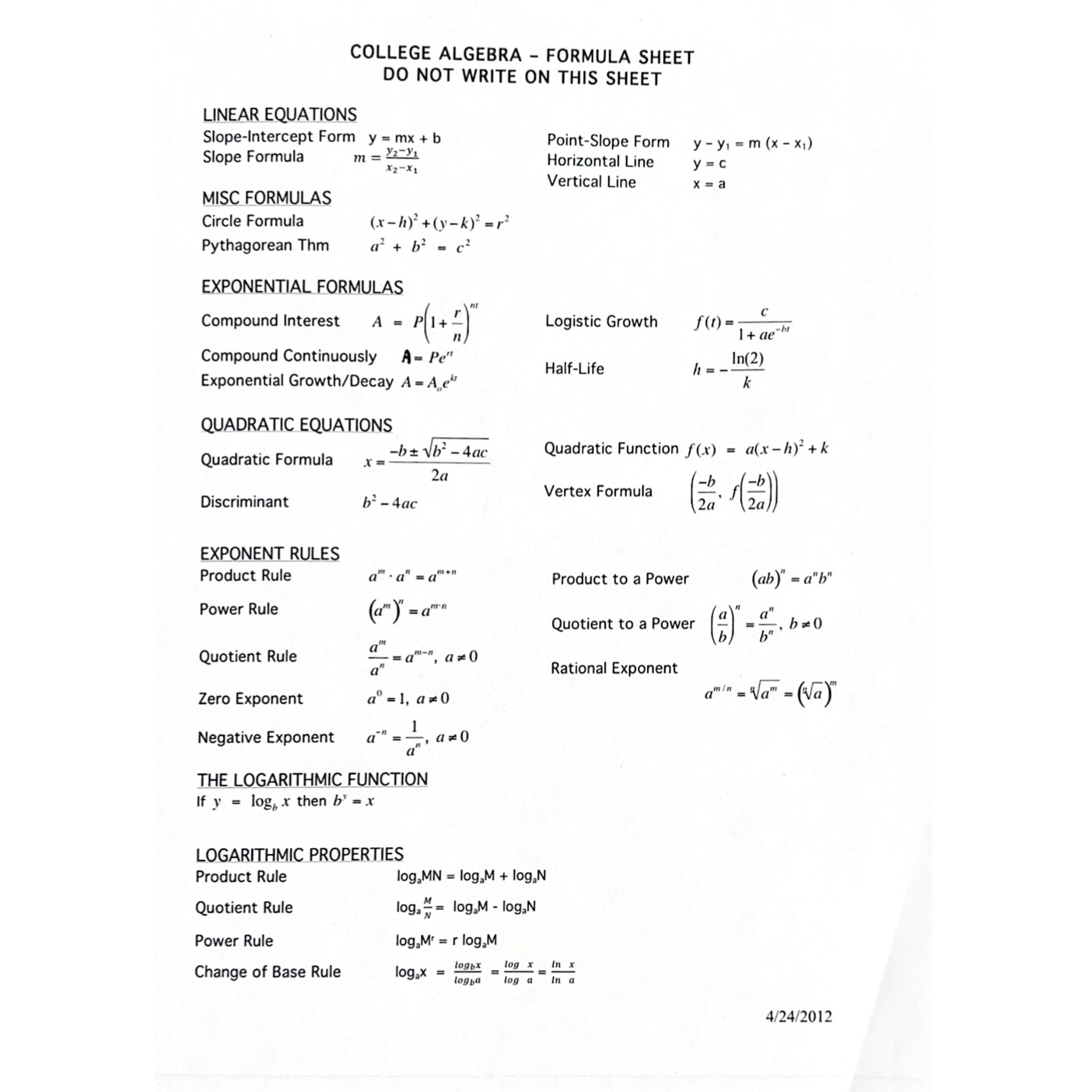 COLLEGE ALGEBRA - ﻿FORMULA SHEETDO NOT WRITE ON THIS | Chegg.com