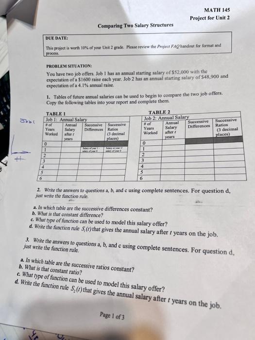 Solved MATH 145 Project for Unit 2 Comparing Two Salary | Chegg.com