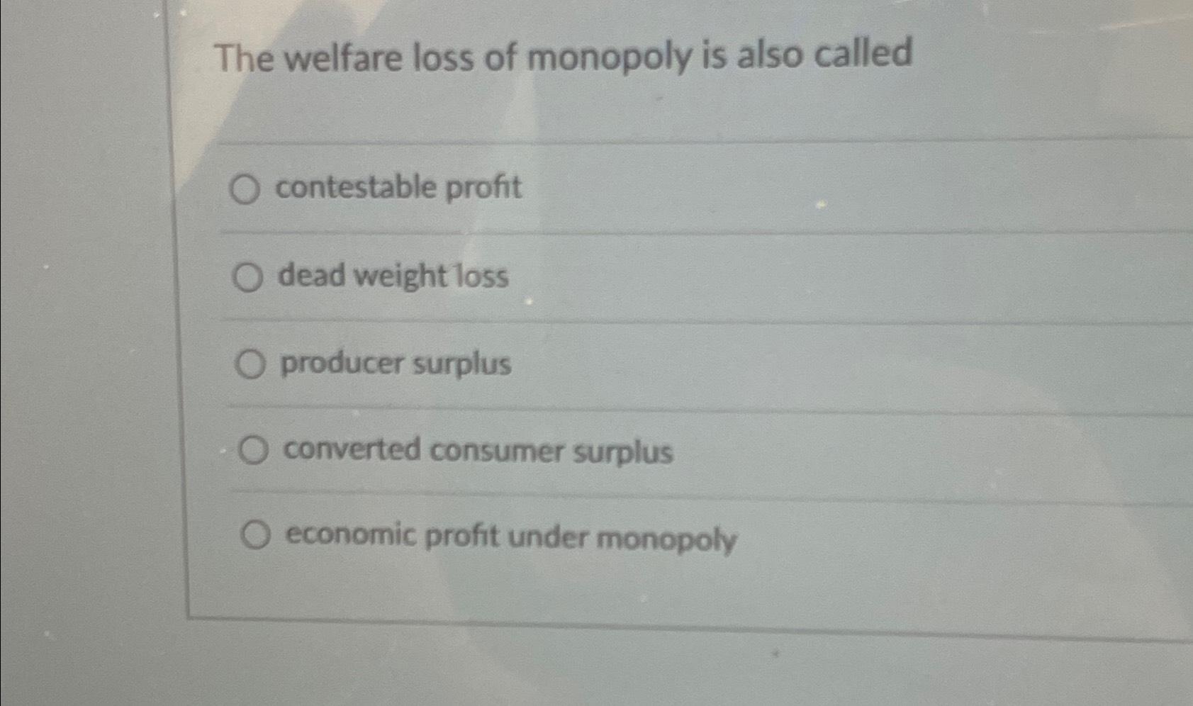 Solved The welfare loss of monopoly is also | Chegg.com