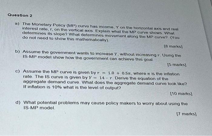 a) The Monetary Policy (MP) curve has income, Y on | Chegg.com