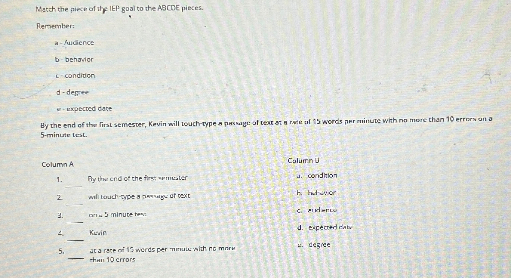 Solved Match the piece of the IEP goal to the ABCDE | Chegg.com