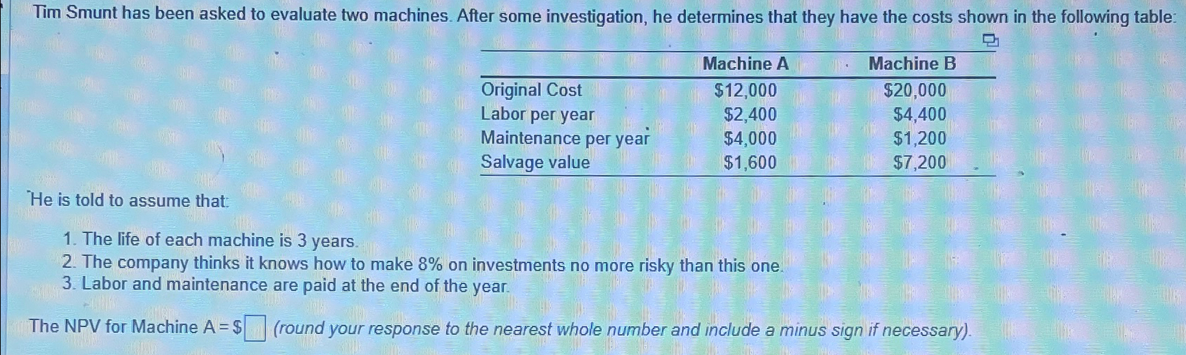 Solved Tim Smunt has been asked to evaluate two machines. | Chegg.com