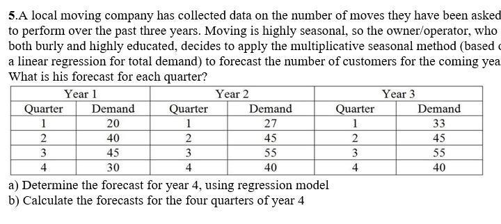 Solved 5.A local moving company has collected data on the | Chegg.com