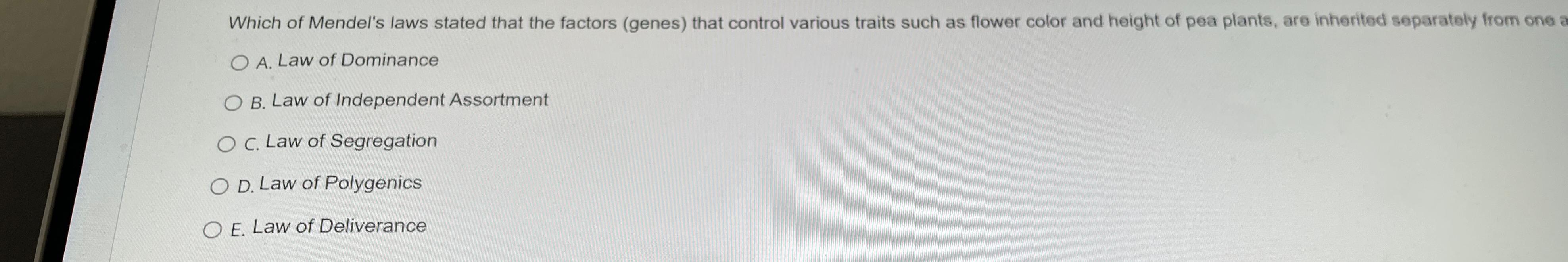 Solved Which of Mendel's laws stated that the factors | Chegg.com