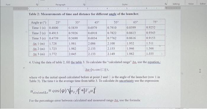 Table 2: Measurements of time and distance for | Chegg.com
