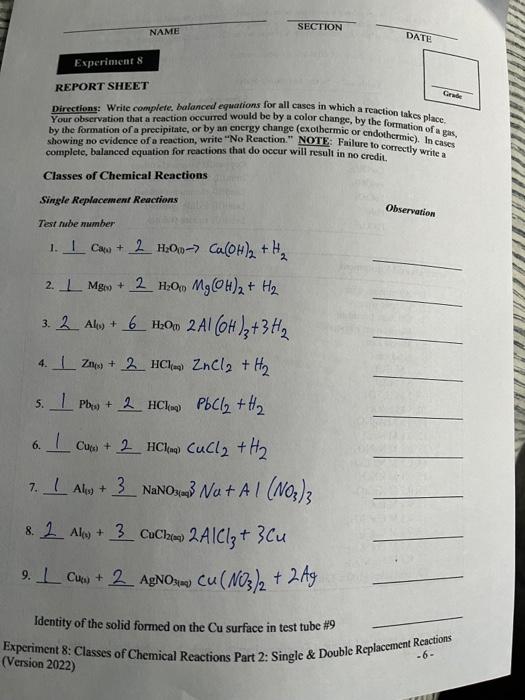 Solved Directions: Write complete: bolanced equations for | Chegg.com
