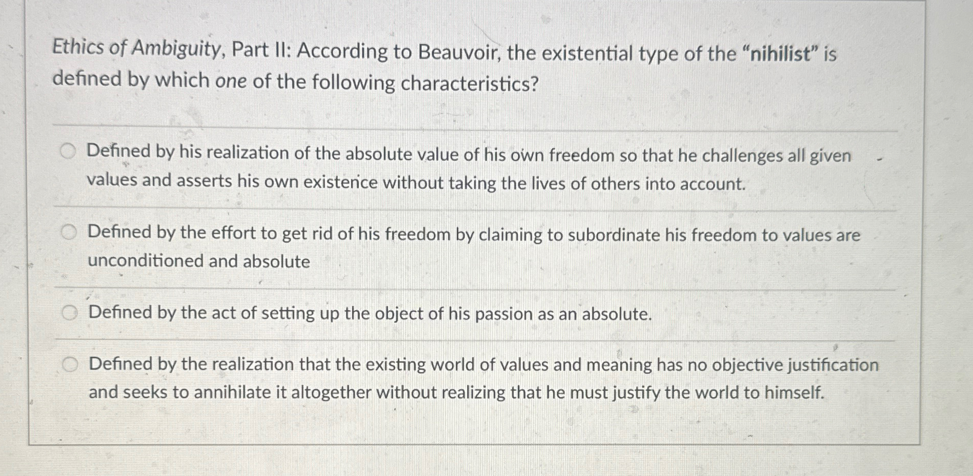 Solved Ethics of Ambiguity, Part II: According to Beauvoir, | Chegg.com