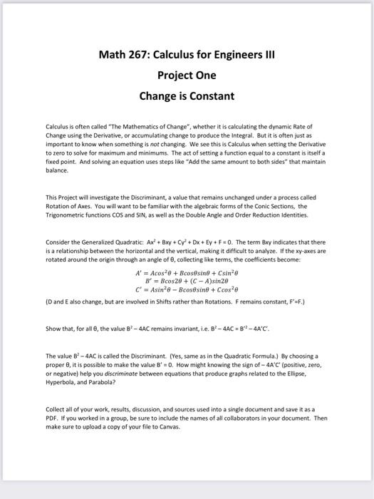 Solved Math 267: Calculus for Engineers III Project One | Chegg.com