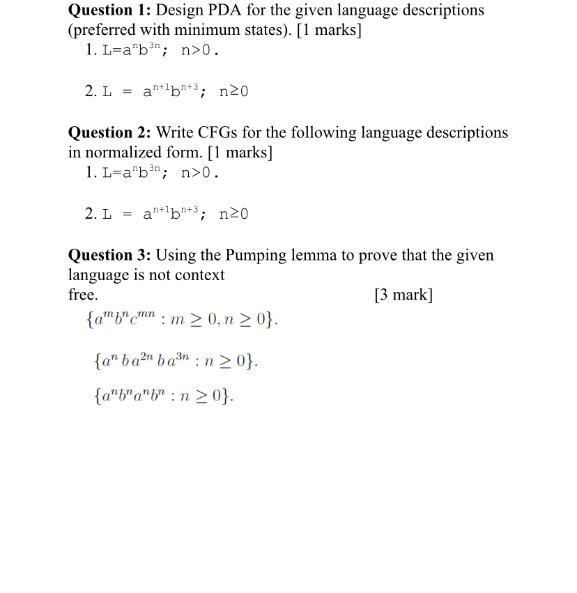 Solved Question 1: Design PDA for the given language | Chegg.com