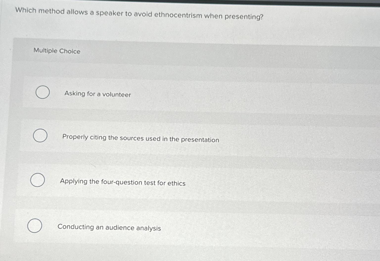 Solved Which method allows a speaker to avoid ethnocentrism | Chegg.com