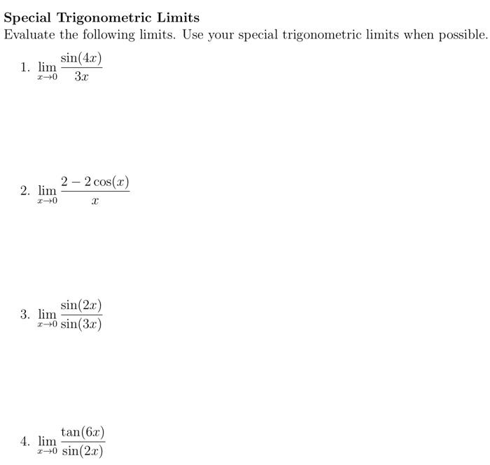 Solved Special Trigonometric Limits Evaluate the following | Chegg.com