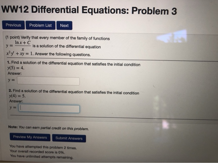 Solved WW12 Differential Equations: Problem 3 Previous | Chegg.com