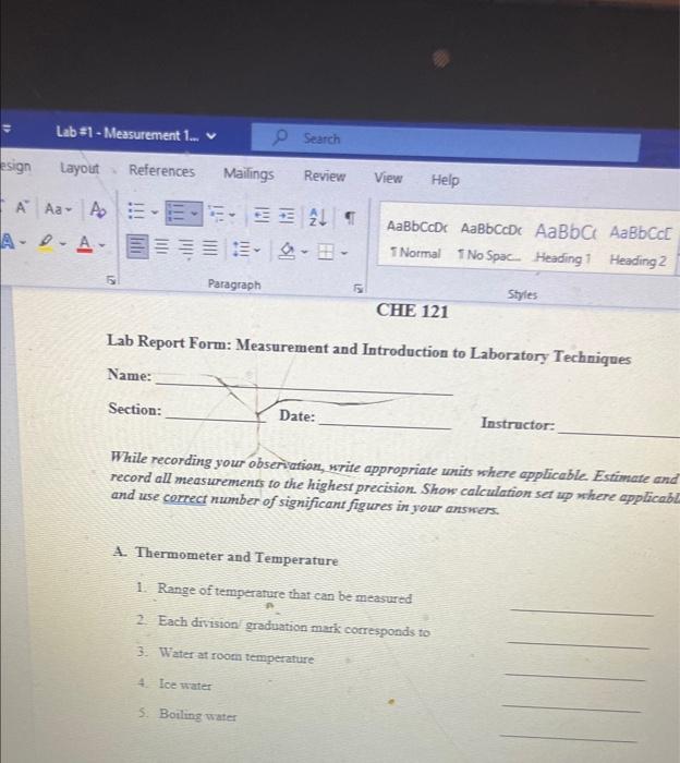 CHE 121 Lab Report Form: Measurement and Introduction | Chegg.com