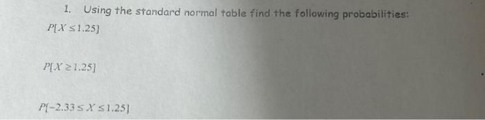 Solved 1. Using the standard normal table find the following | Chegg.com