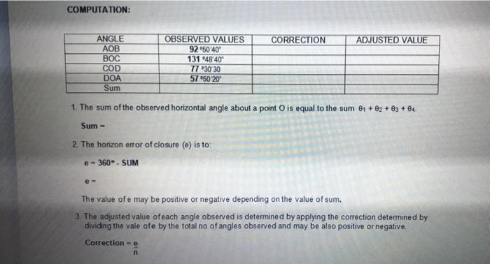 Solved COMPUTATION: CORRECTION ADJUSTED VALUE ANGLE AOB BOC | Chegg.com