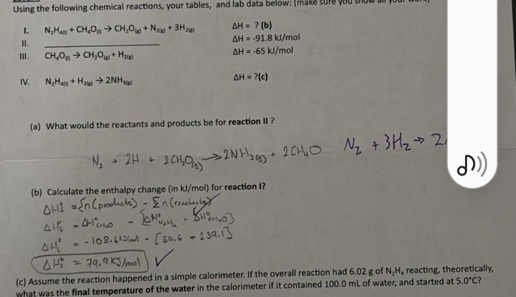 Solved Using the following chemical reactions, your tables, | Chegg.com