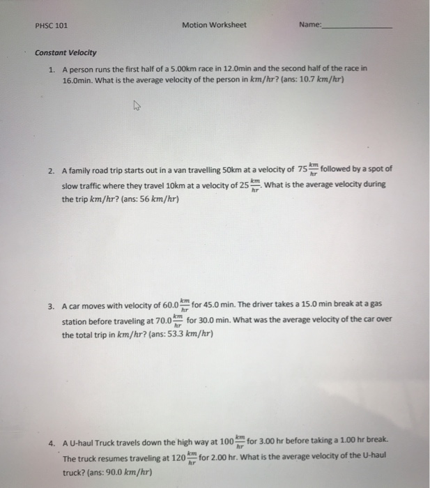 Solved PHSC 101 Motion Worksheet Name: Constant Velocity 1. | Chegg.com