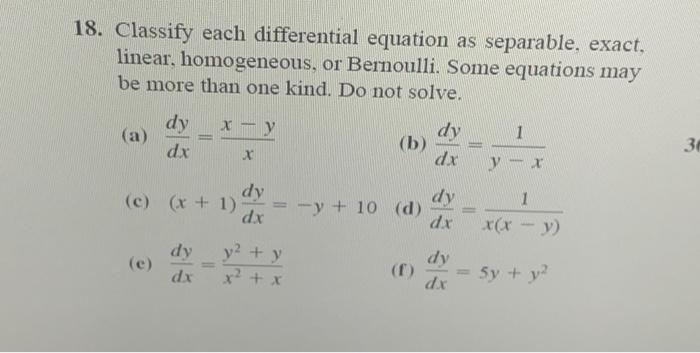 Solved 18. Classify each differential equation as separable, | Chegg.com