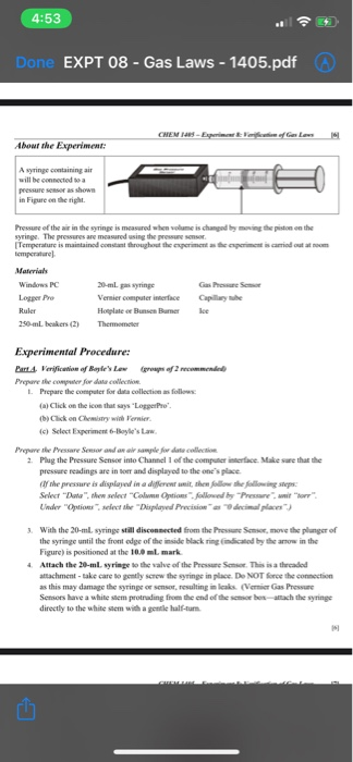 1:18 Done EXPT 08 - Gas Laws - 1405.pdf Name Raw | Chegg.com