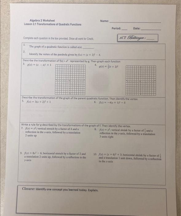 Solved Algebra 2 Worksheet Lesson 2.1 Transformations of | Chegg.com